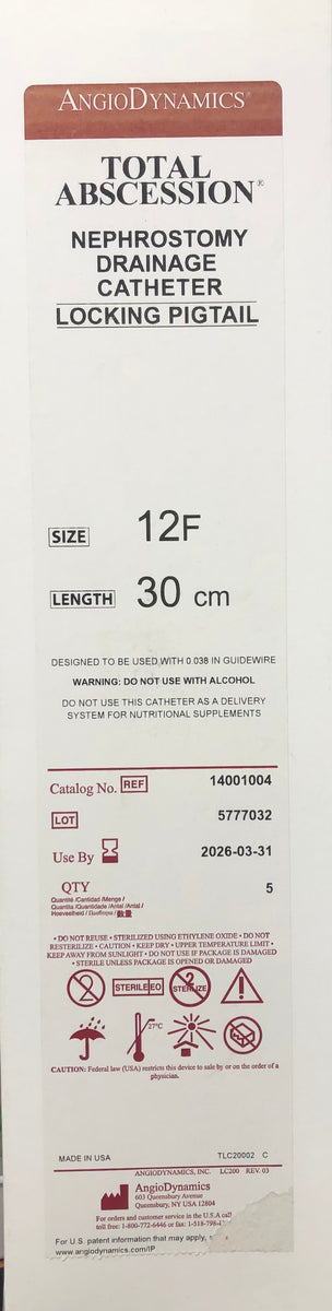 TOTAL ABSCESSION NEPHROSTOMY Drainage Catheter Locking Pigtail 12Fr x ...